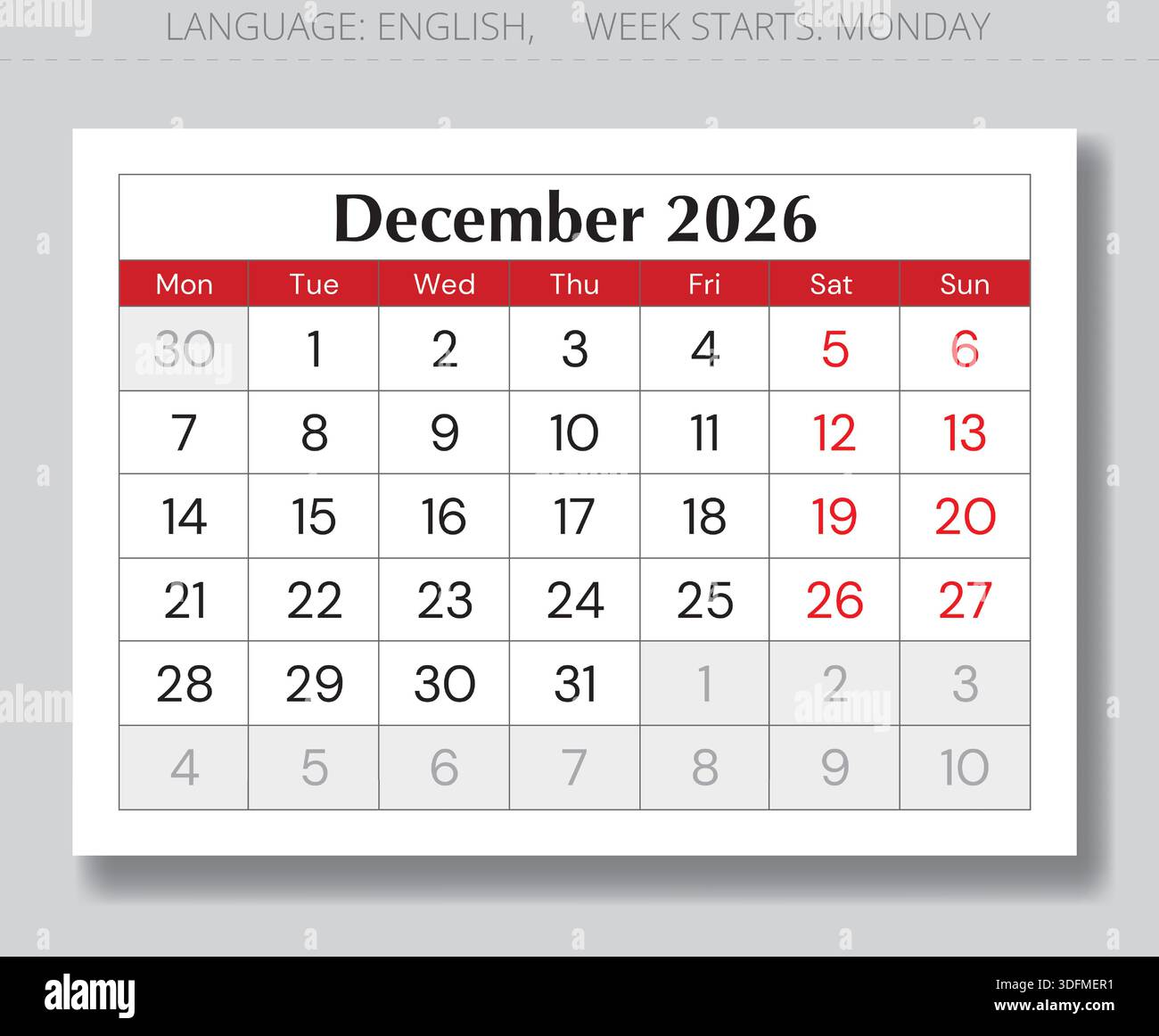 December 2026 english calendar hi-res stock photography and images - Alamy
