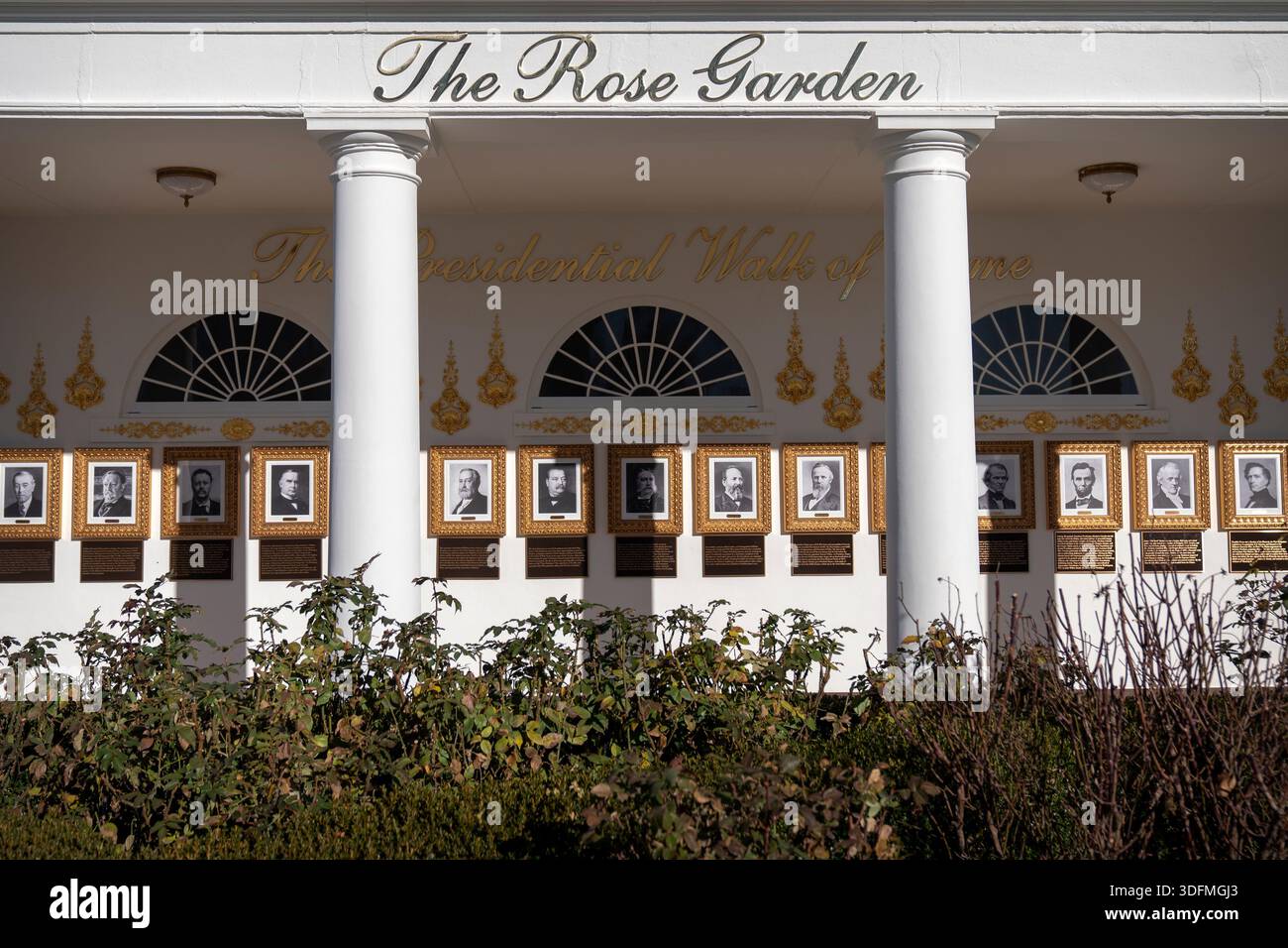 A sign for the Rose Garden is seen near the Presidential Walk of Fame ...