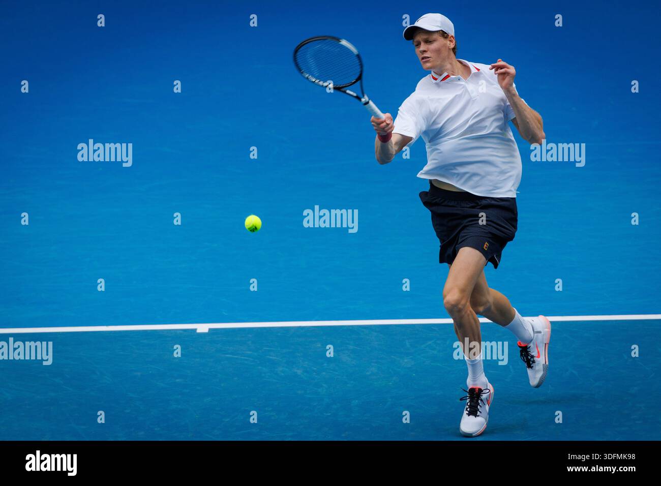 Italy’s Jannik Sinner plays a forehand during a training session ...
