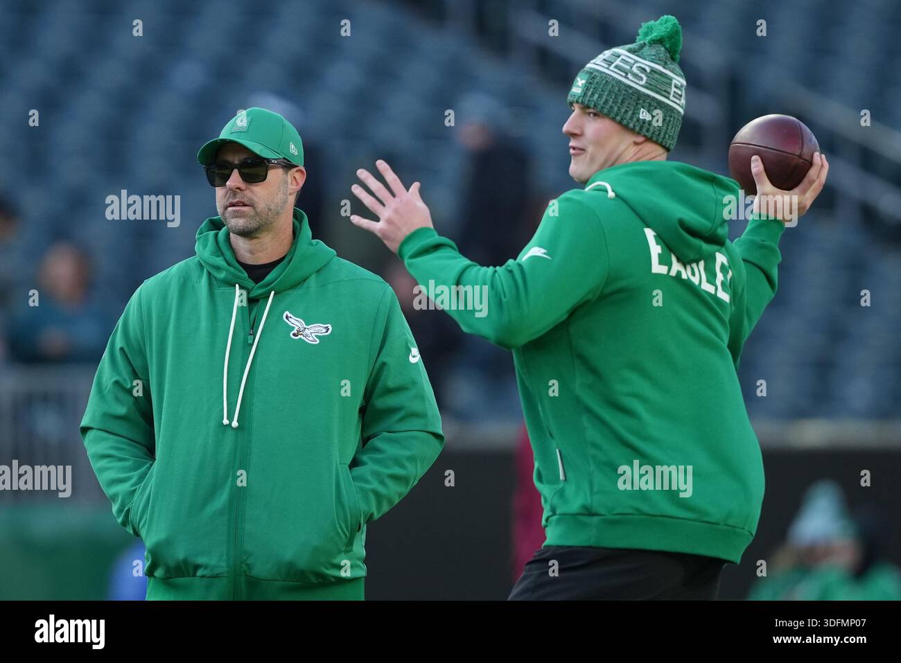 Philadelphia Eagles' Kevin Patullo watches warm-ups before an NFL ...