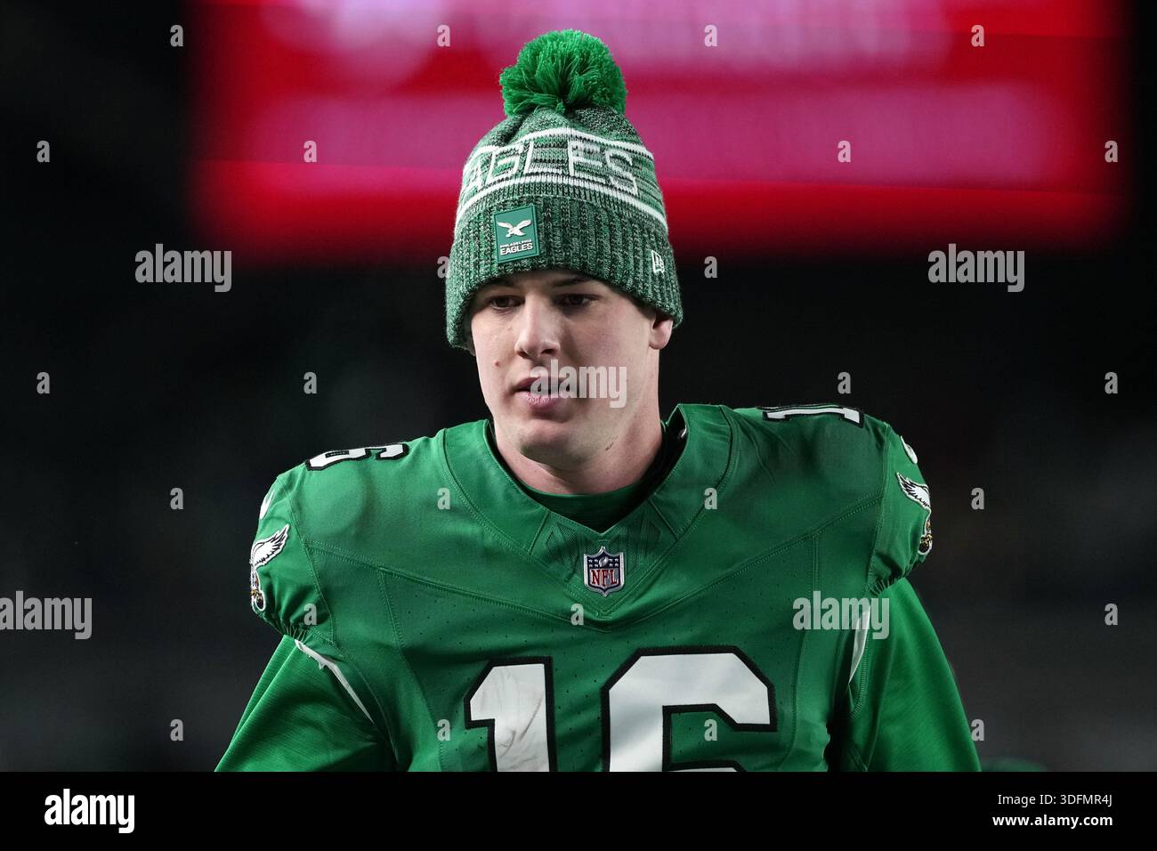 Philadelphia Eagles' Tanner McKee walks to the locker room at halftime ...