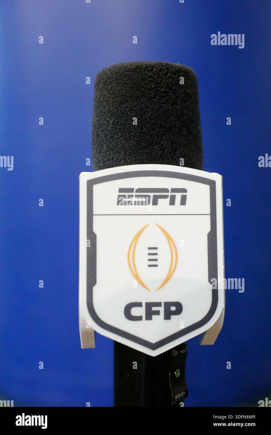 Microphone with College Football Playoff logo and ESPN logo before the ...