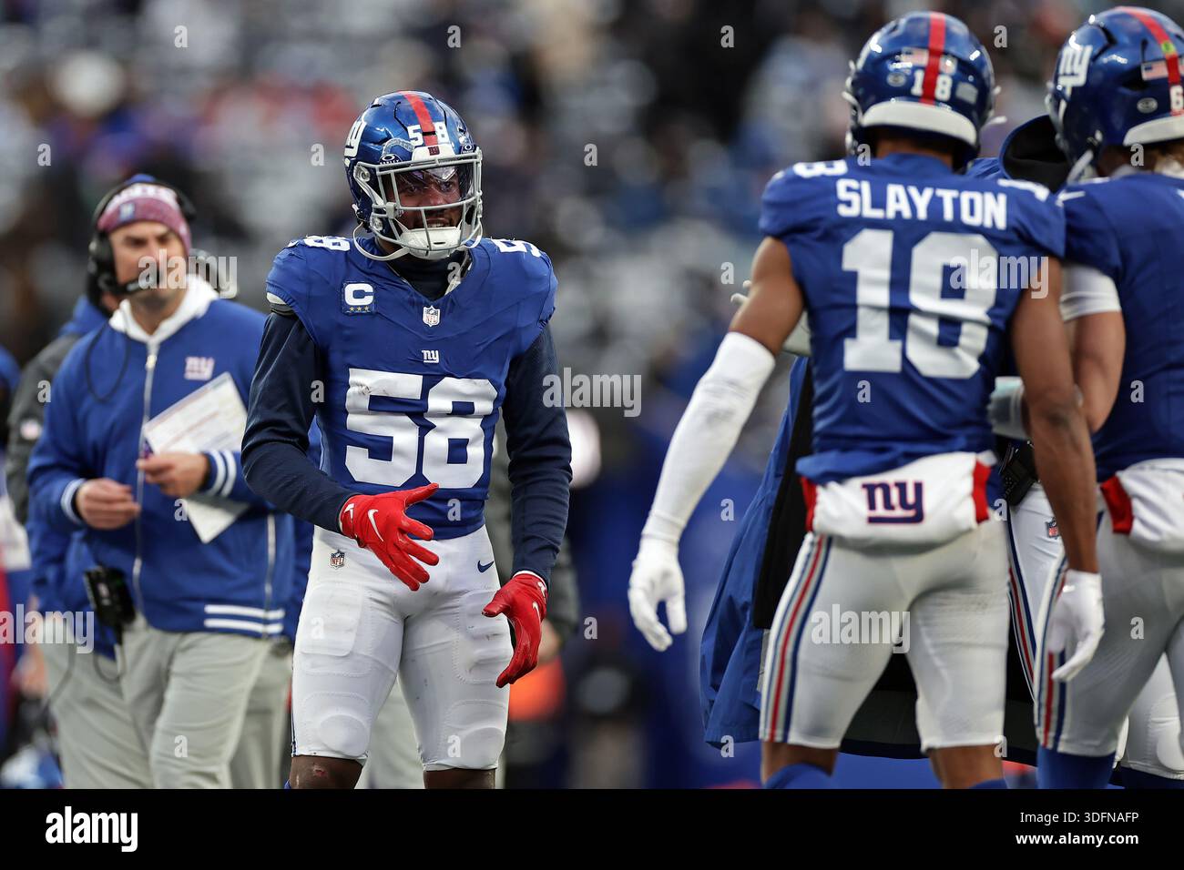 New York Giants linebacker Bobby Okereke (58) reacts during an NFL ...