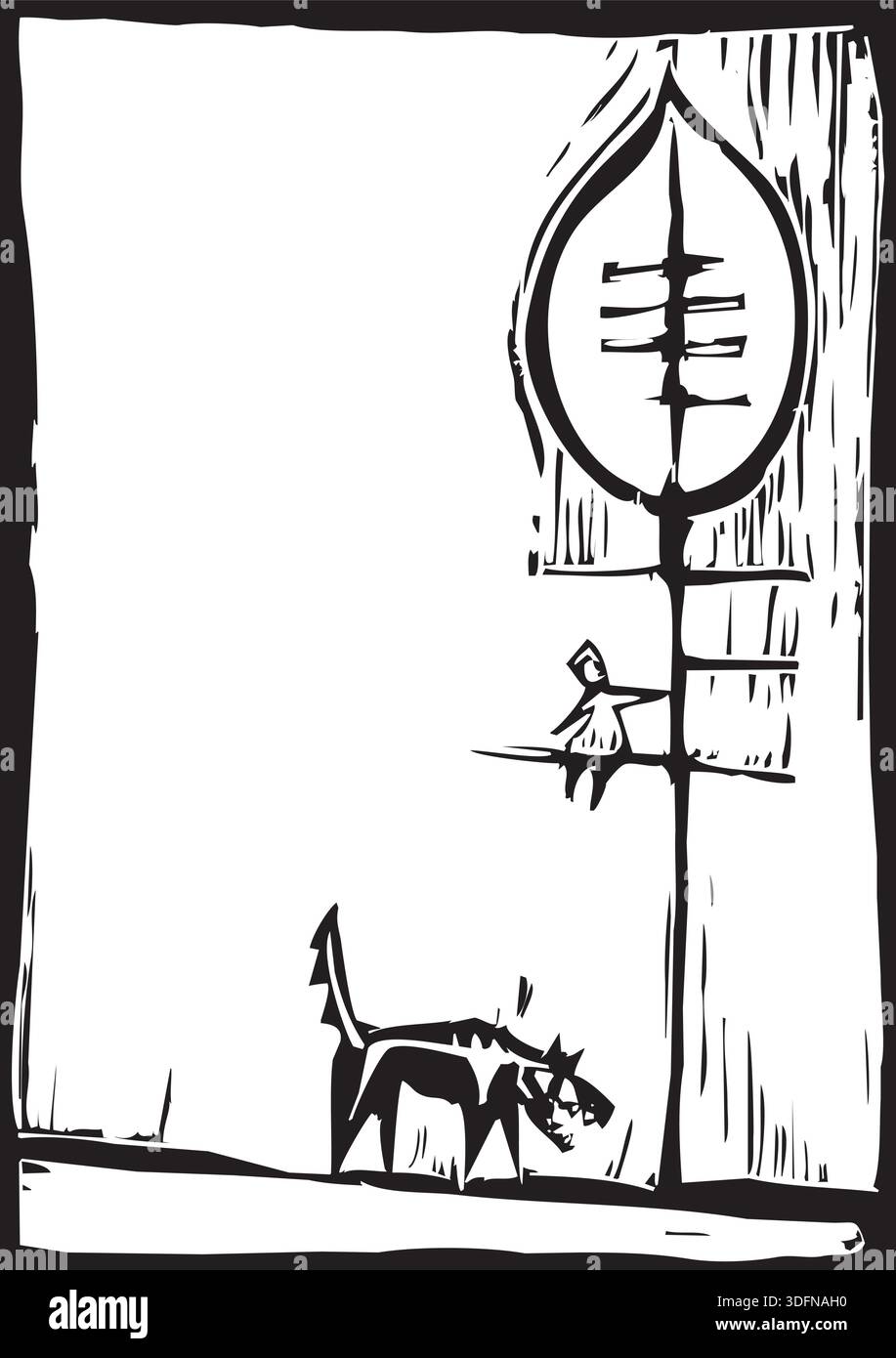 "Wolf Below," image of a child trapped in a tree by a hungry wolf in a ...
