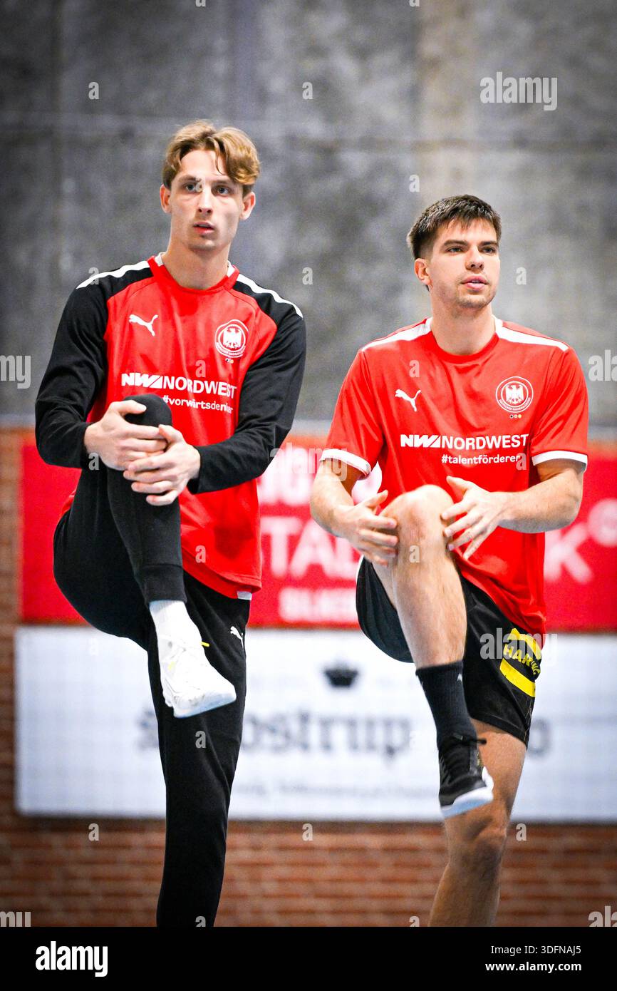 13 January 2026, Denmark, Silkeborg: Mathis Häseler (l) and Renars ...