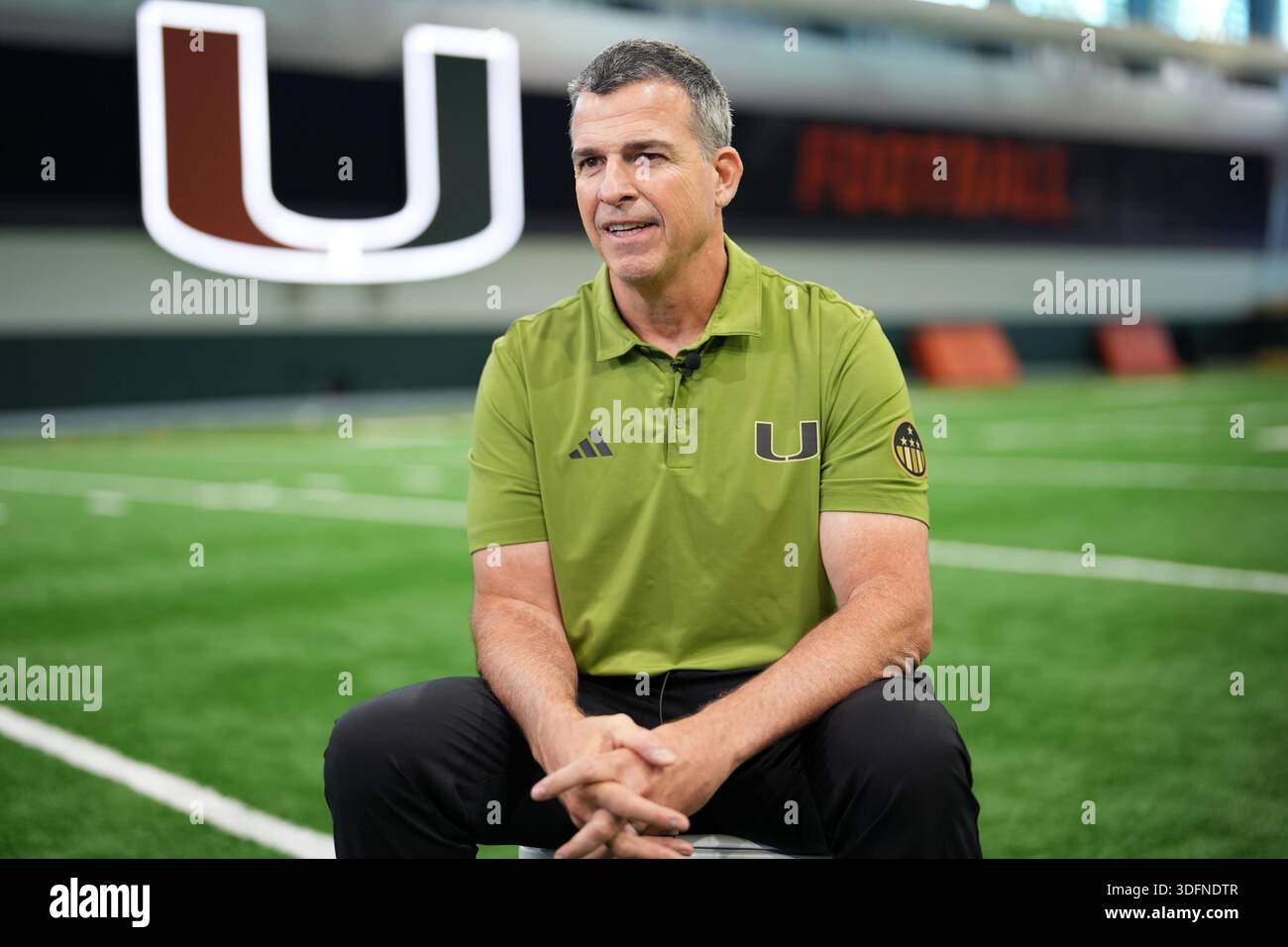 Miami football head coach Mario Cristobal speaks during an interview on ...