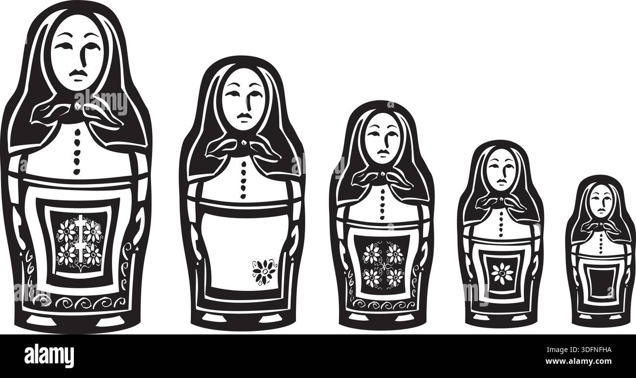 woodcut style image of a series of Russian nested dolls Stock Vector ...