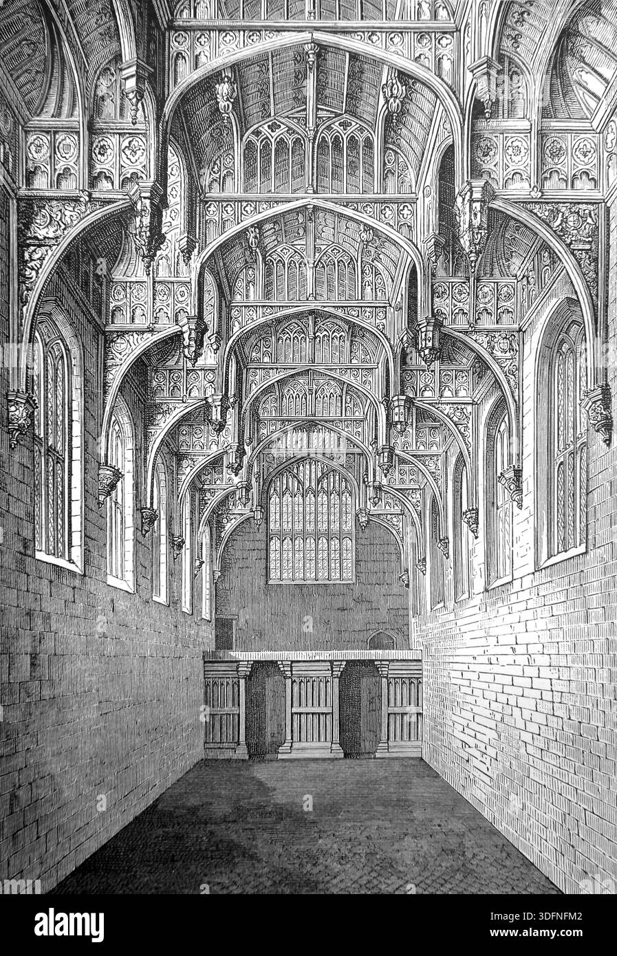 Illustration of the interior of the Great Hall of Hampton Court Palace ...