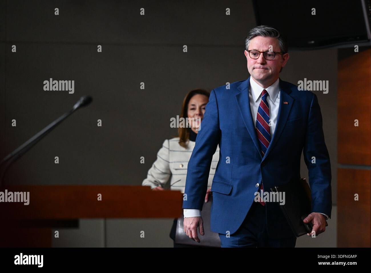 U.S. Speaker of the House Mike Johnson (R-LA) enters a press conference ...