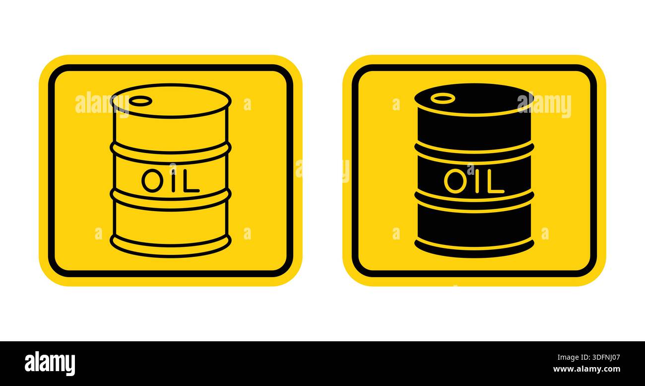 Set of oil barrel icons in yellow warning signs showcasing two styles ...