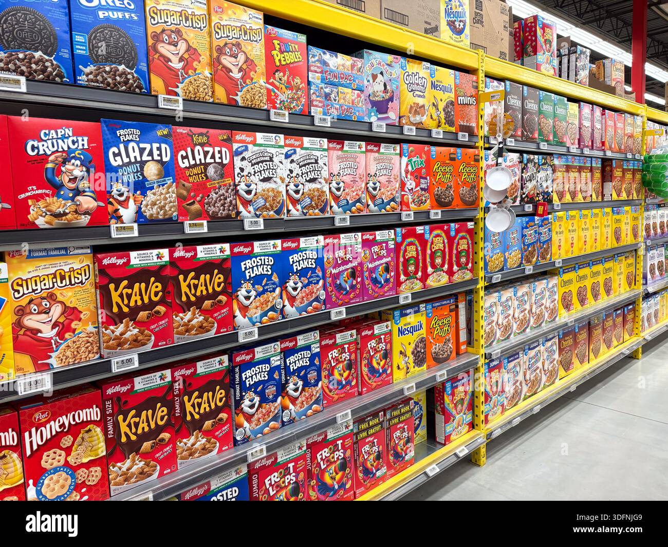 Cereal aisle in a supermarket, showcasing a wide variety of colorful ...