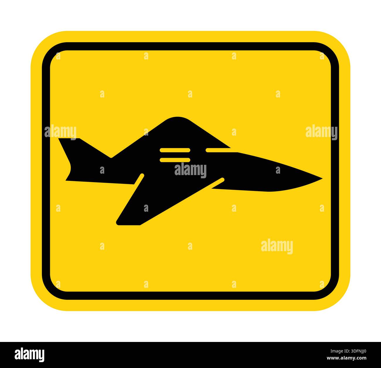 This image features a bold warning sign showcasing a fighter jet ...