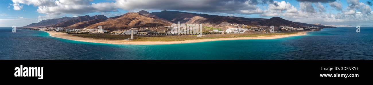 Aerial panorama of Playa del Matorral and Morro Jable lighthouse Stock ...