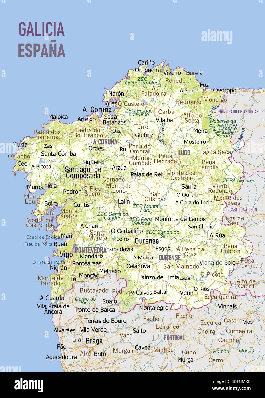 Map of Galicia, Spain, and parts of Portugal. The map features various ...
