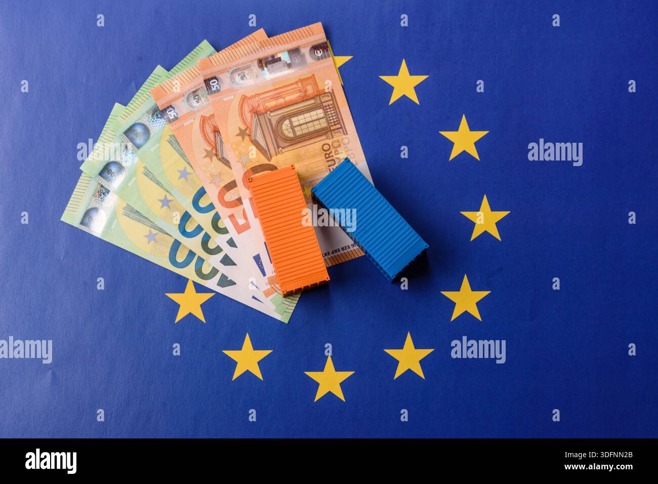 Cargo containers on the EU flag as a conceptual backdrop for goods ...