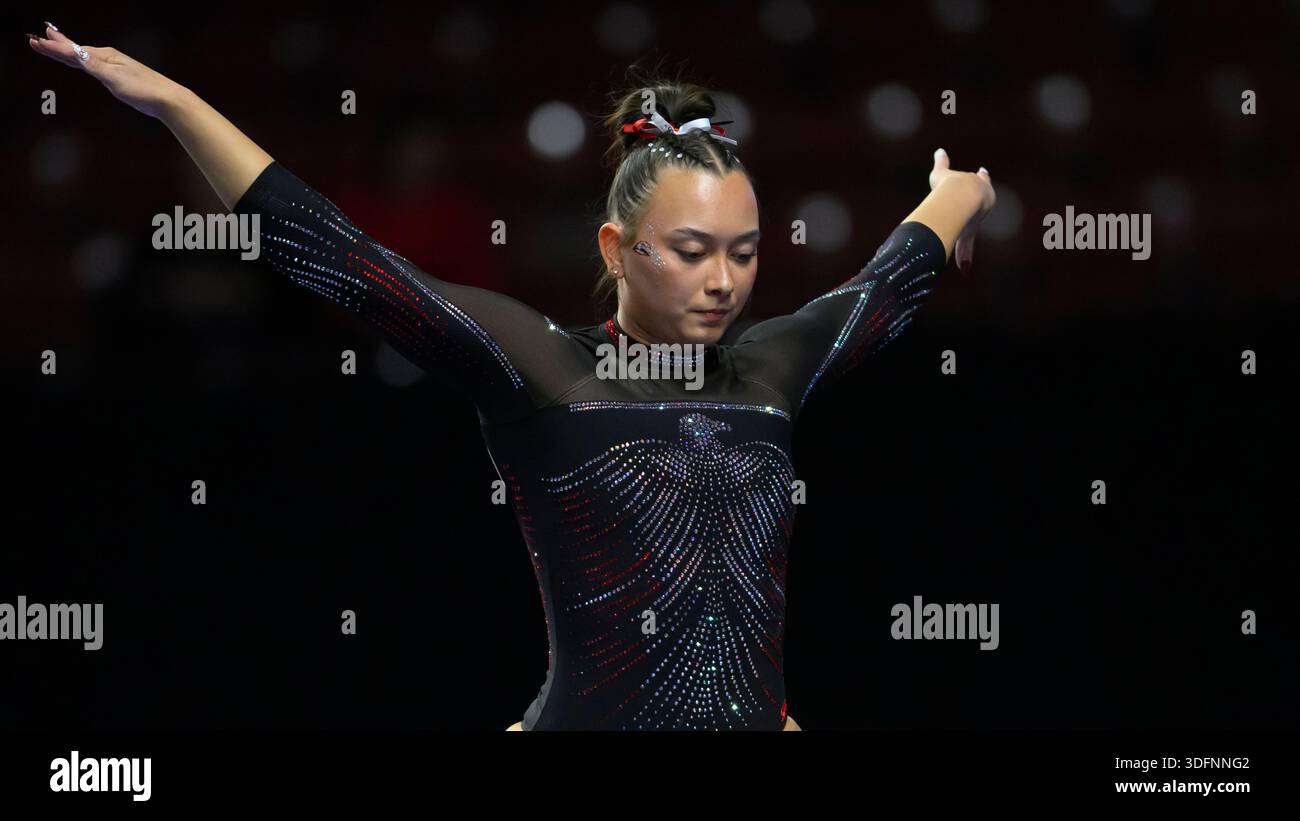 Southern Utah gymnast Emma Nipper performs a routine on the beam during ...
