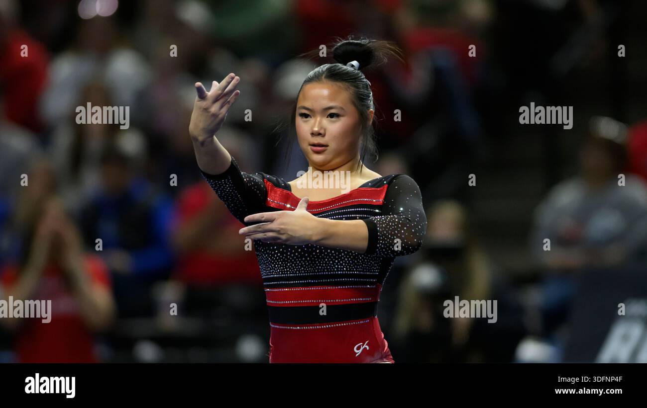 Utah gymnast Zoe Johnson performs a routine on the floor during an NCAA ...