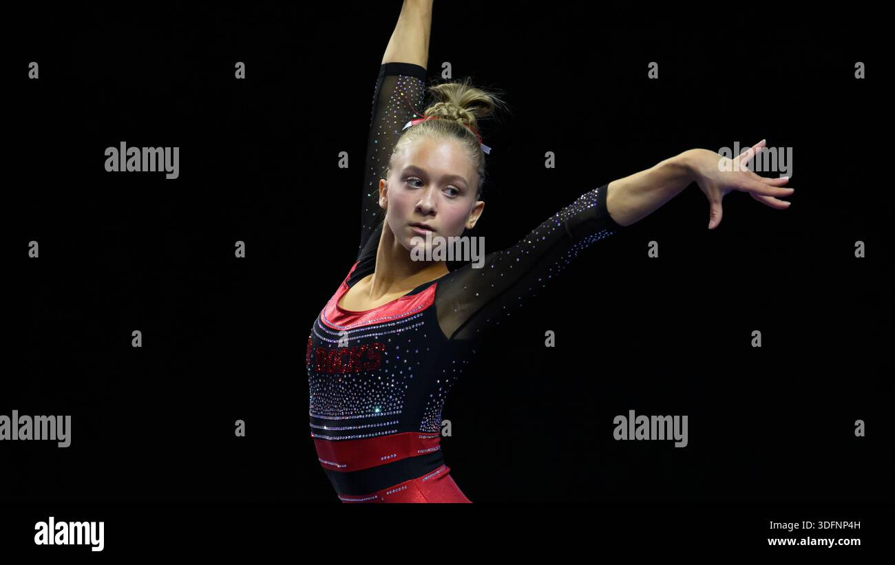 Utah gymnast Abbi Ryssman performs a routine on the beam during an NCAA ...
