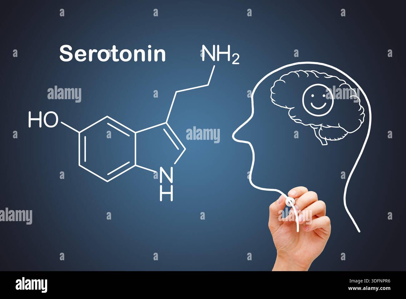 Hand drawing Serotonin chemical structure with a drawn smiling face in ...