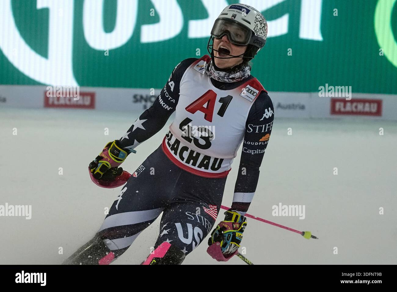 United States' Nina O Brien reacts at the finish line during an alpine ...