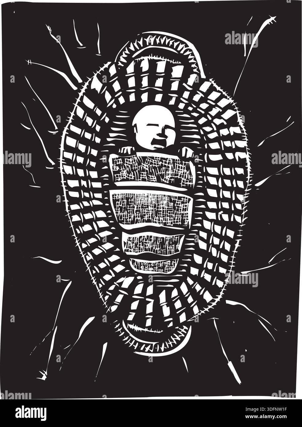 Woodcut style image of the baby Biblical Prophet Moses floating in a ...