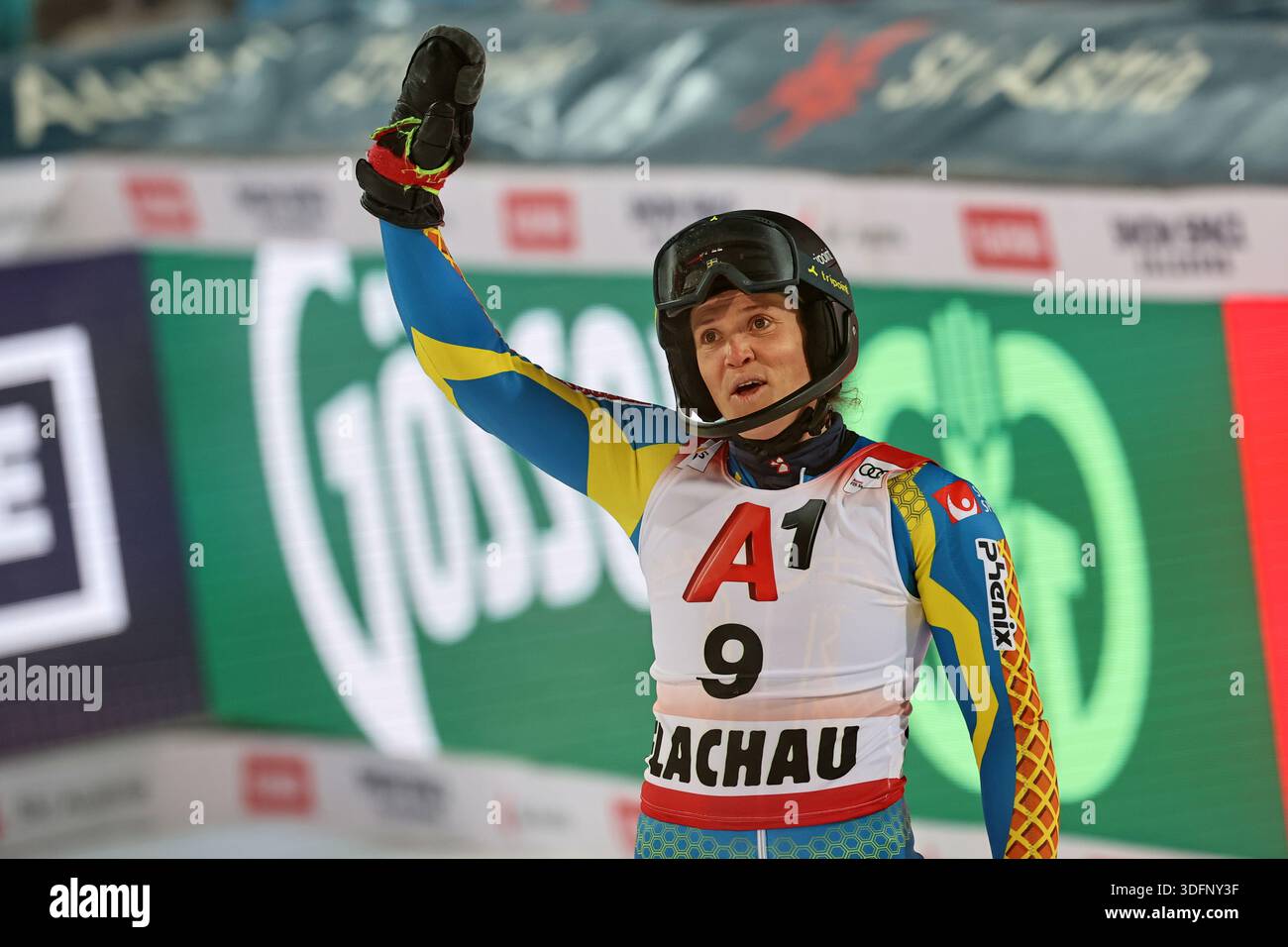 Sweden's Sara Hector reacts at the finish line during an alpine ski ...