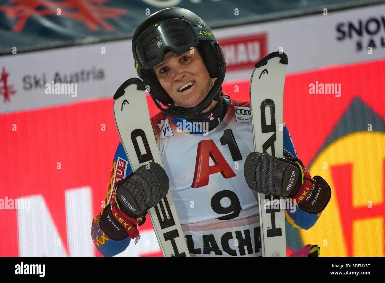 Sweden's Sara Hector reacts at the finish line during an alpine ski ...