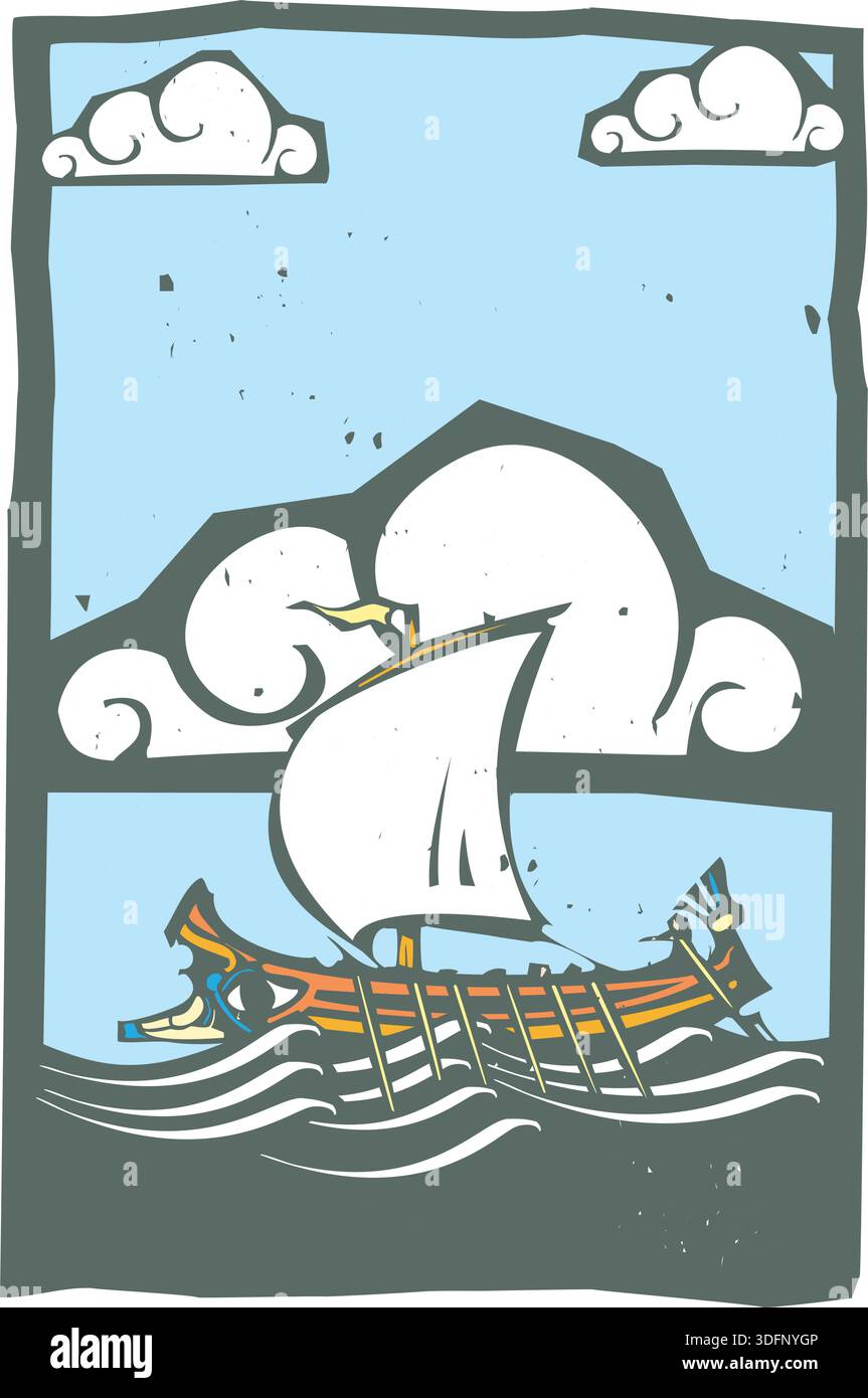 Woodcut style ancient Greek Galley with oars and sail at sea with sky ...