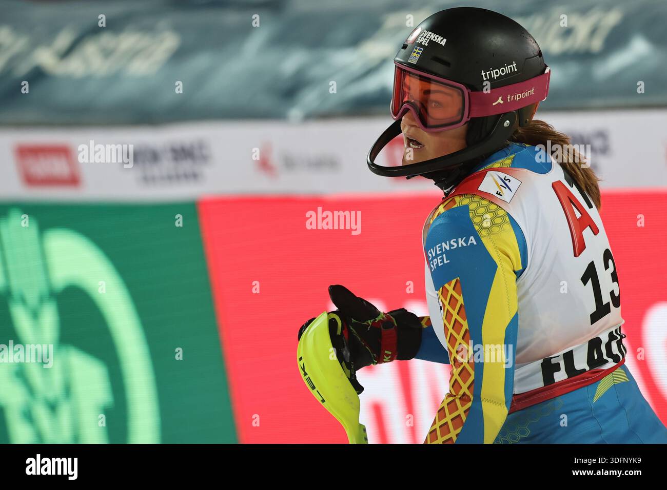 Sweden's Anna Swenn Larsson reacts at the finish line during an alpine ...