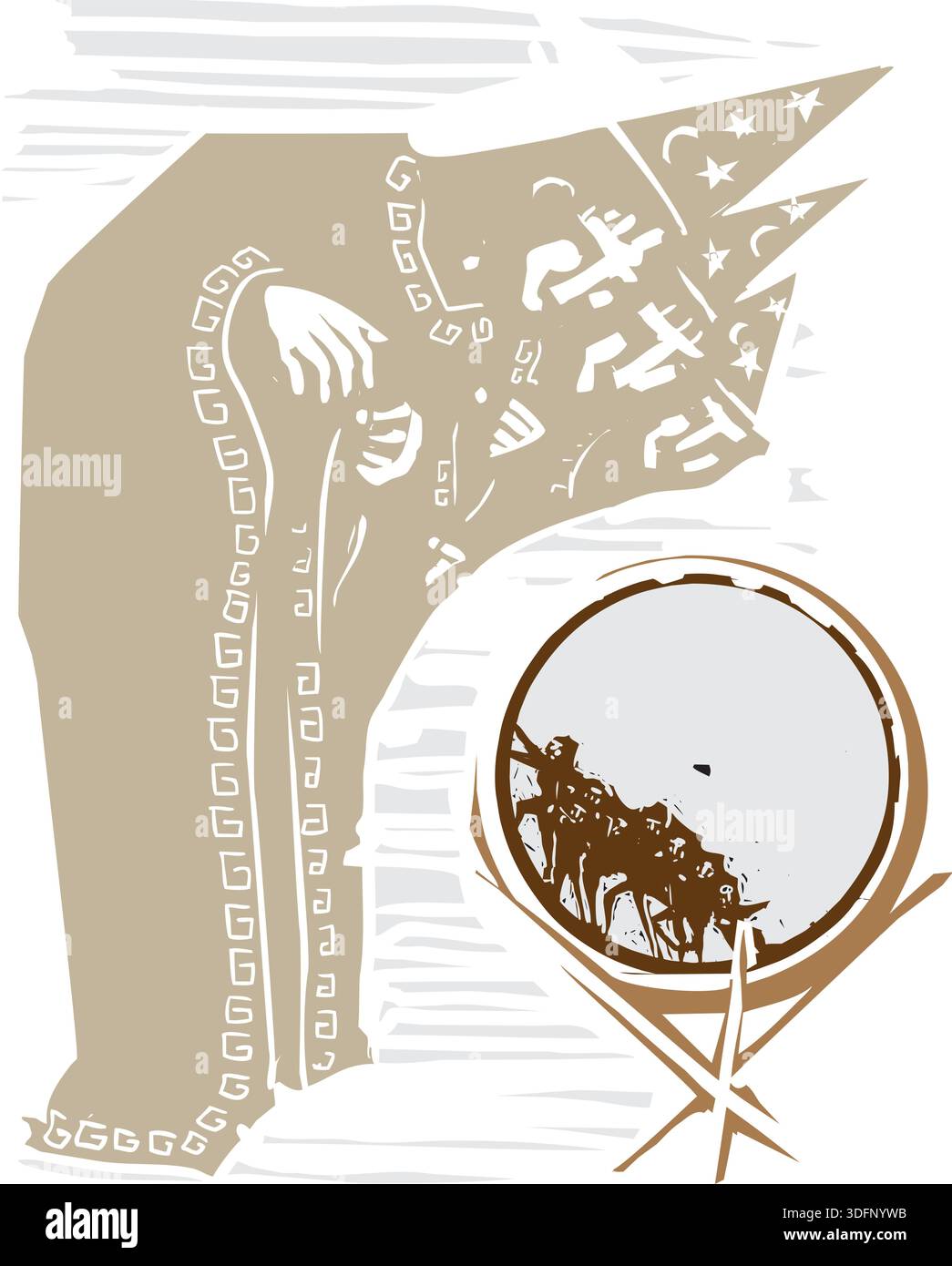 Woodcut style expressionistic image staring into a crystal ball with ...