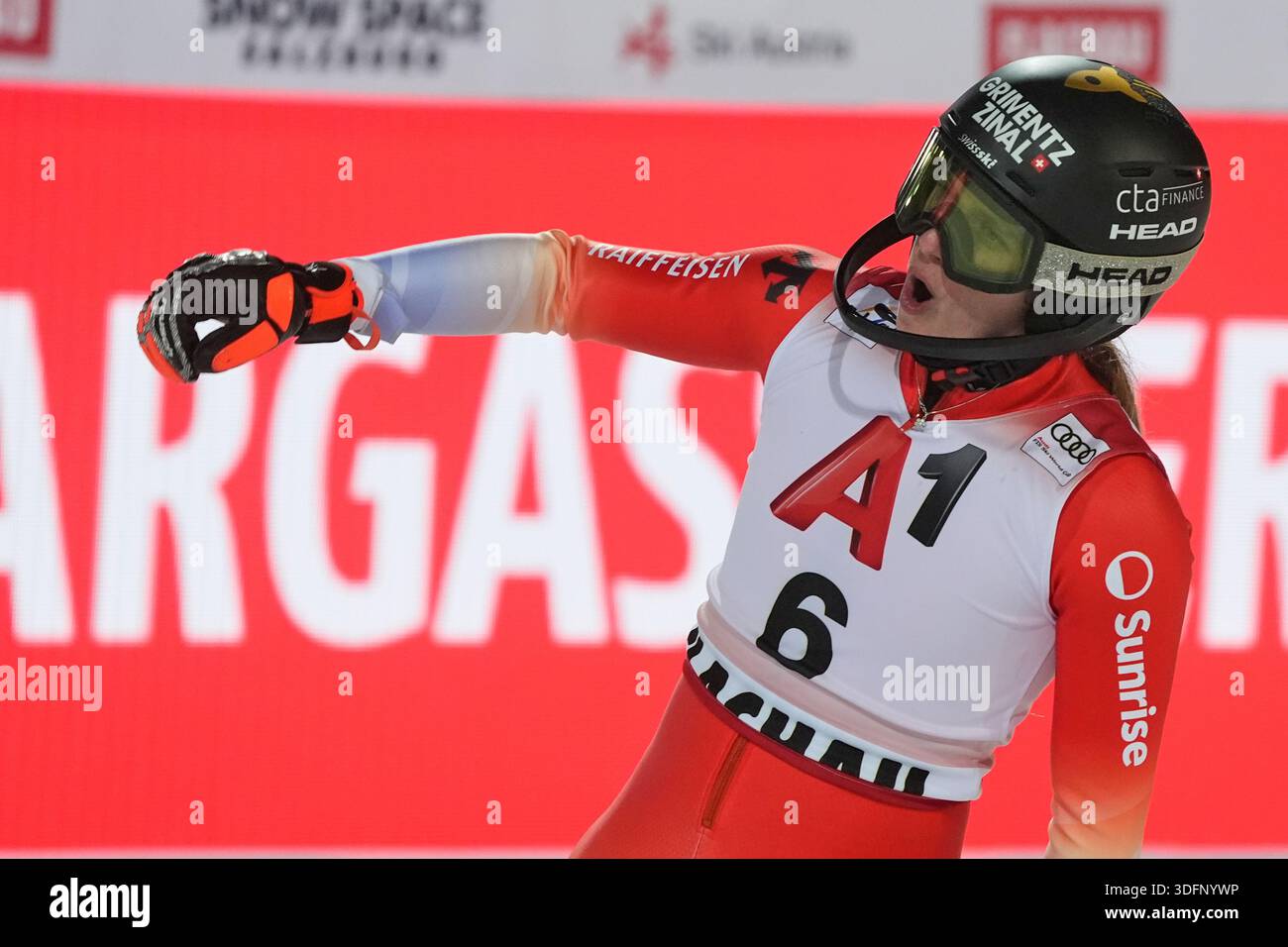 Switzerland's Camille Rast reacts at the finish line during an alpine ...
