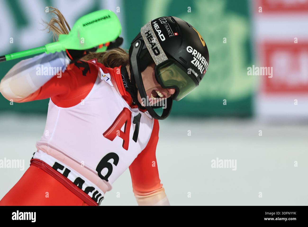 Switzerland's Camille Rast reacts at the finish line during an alpine ...