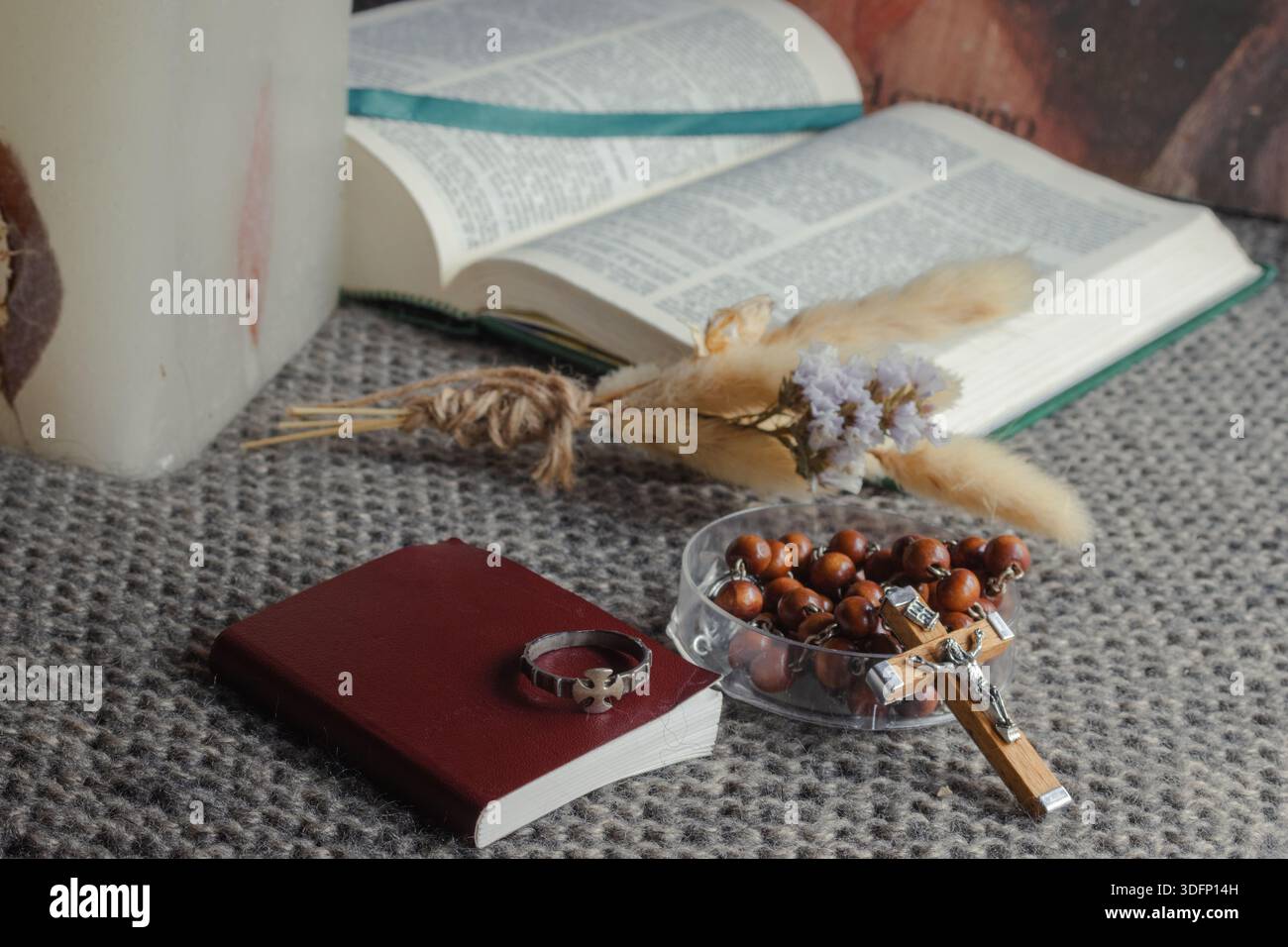 Christian religious objects symbolizing faith and prayer. Including an ...