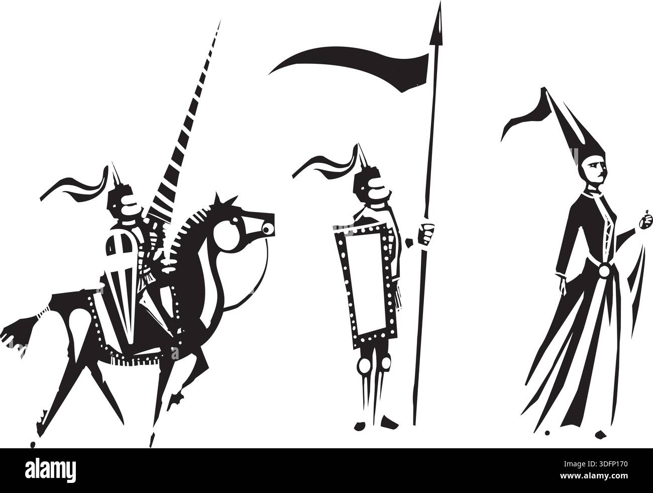 Woodcut style Medieval Group of Knight on Horseback, banner holder and ...