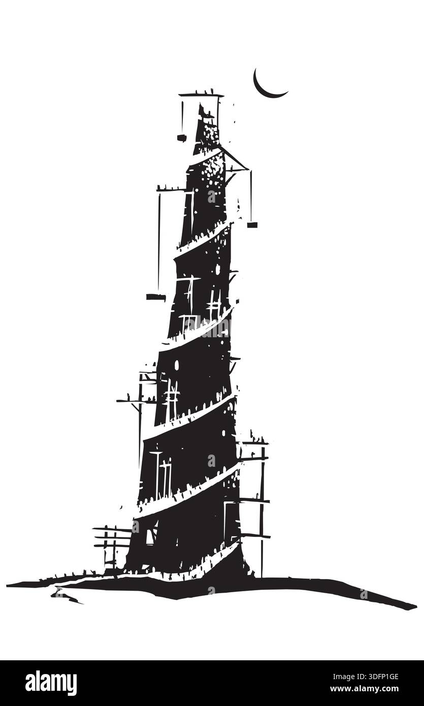 Woodcut style image of the creation of the biblical tower of babel in ...