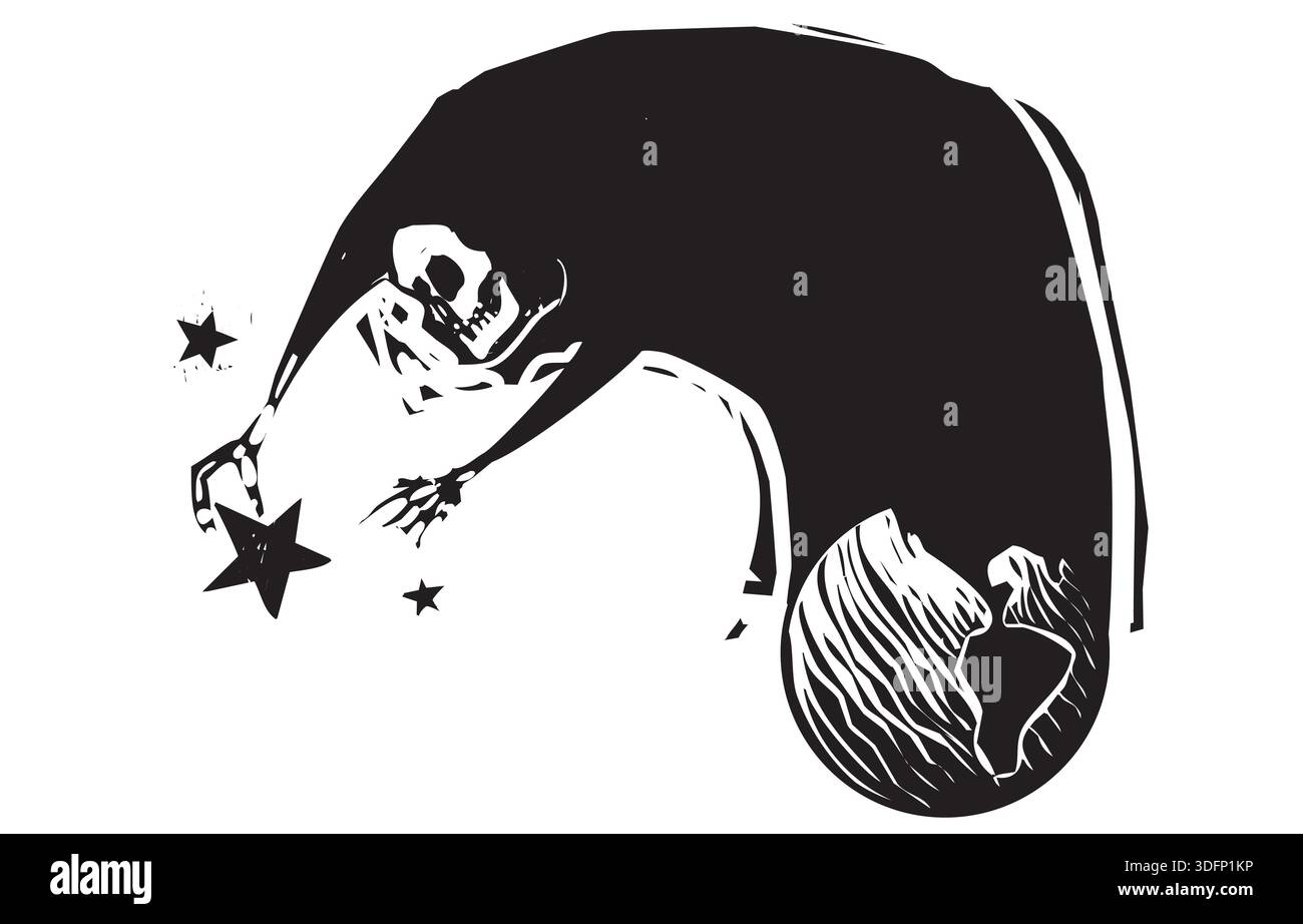 Woodcut expressionist image of death reaching out from the earth and ...