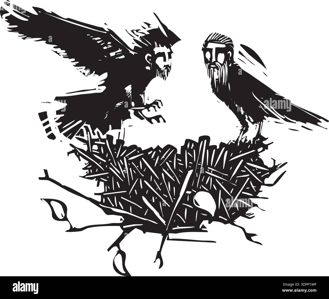 Woodcut style expressionistic crows with the heads of men with a birds ...