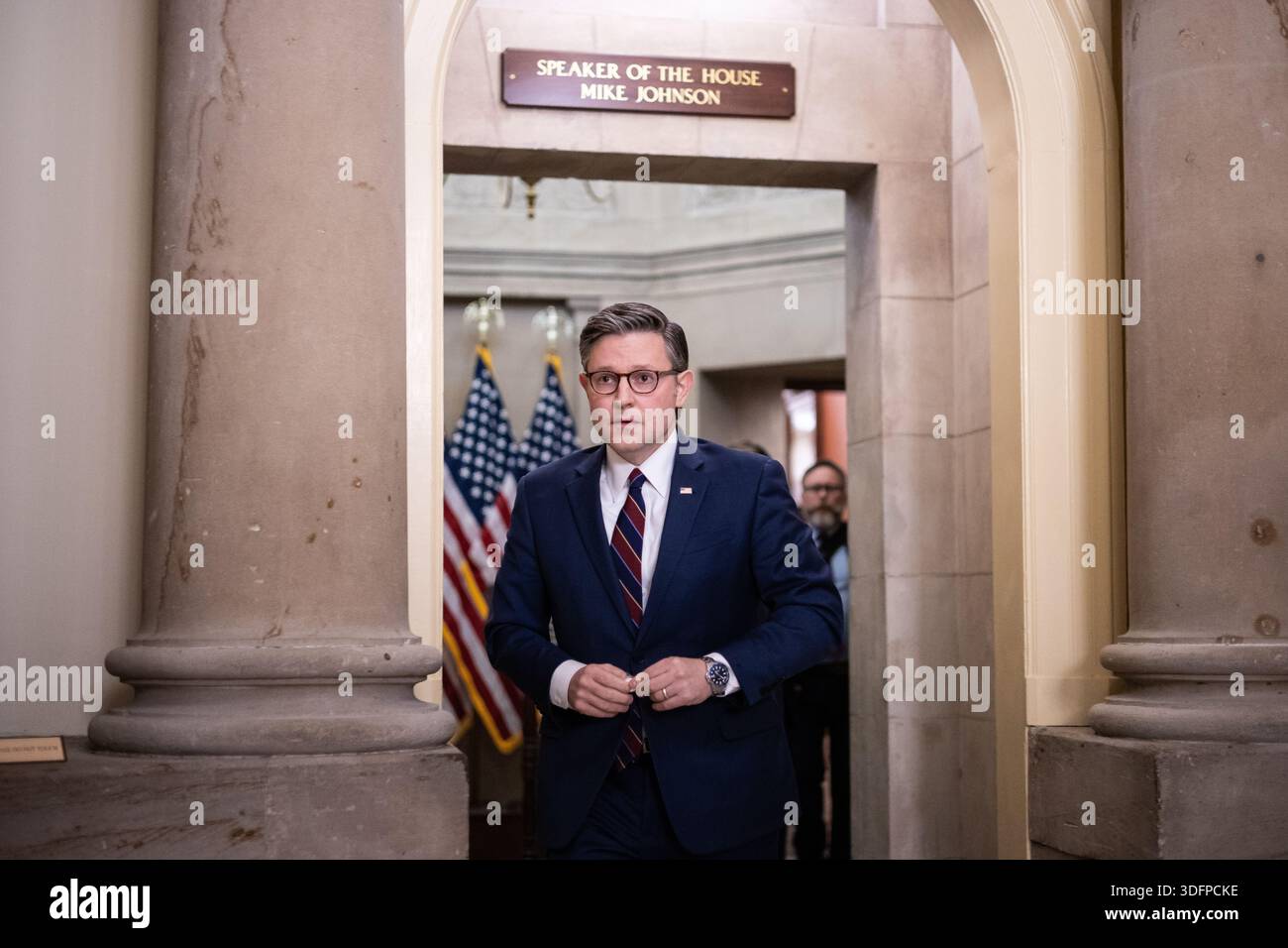 House Speaker Mike Johnson (R-La.) emerges from his office at the U.S ...
