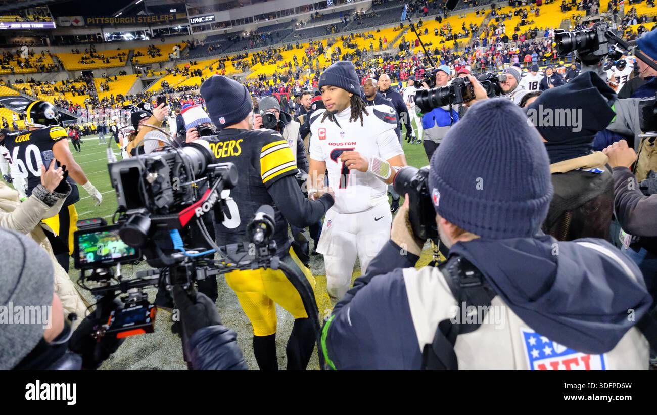 Jan 12, 2025: Aaron Rodgers #8 and C.J. Stroud #7 after the Pittsburgh ...