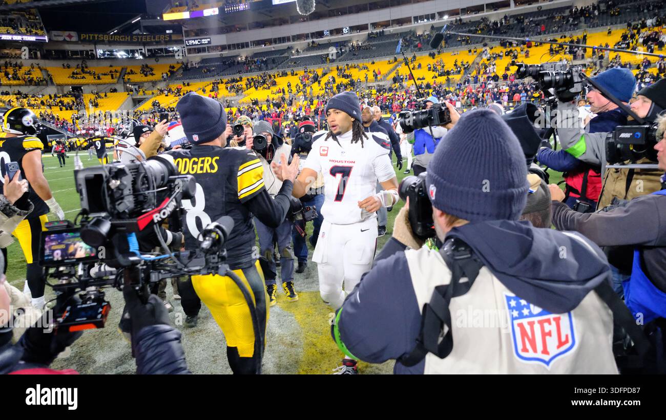 Jan 12, 2025: Aaron Rodgers #8 and C.J. Stroud #7 after the Pittsburgh ...