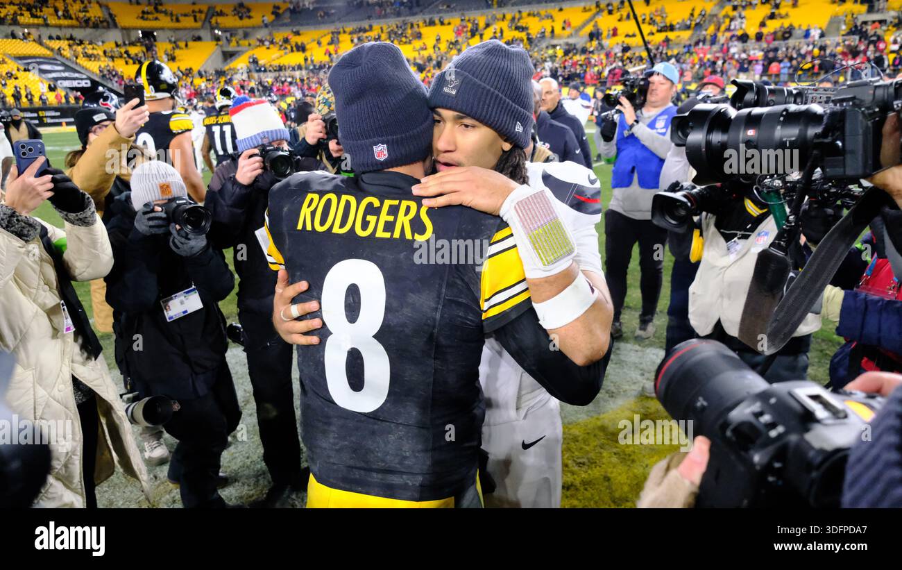 Jan 12, 2025: Aaron Rodgers #8 and C.J. Stroud #7 after the Pittsburgh ...
