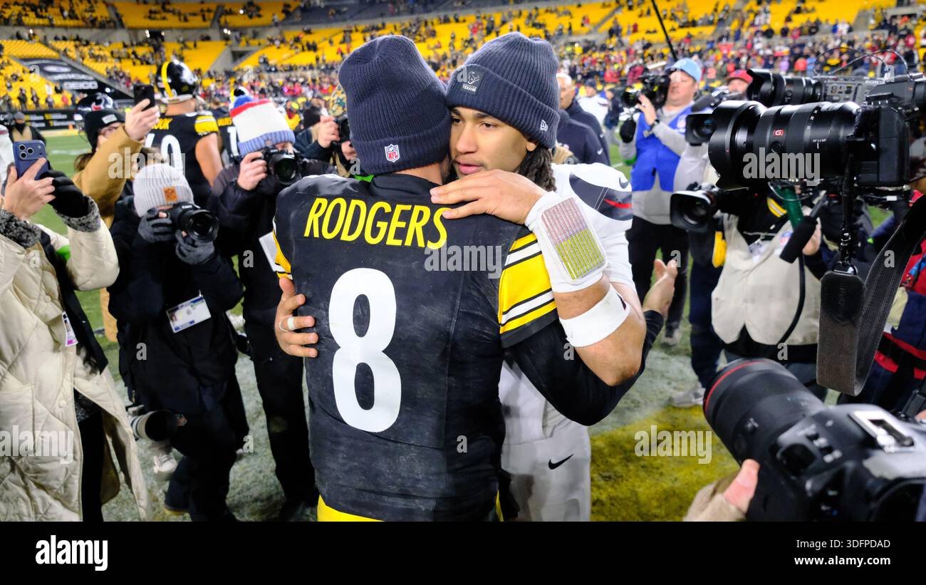 Jan 12, 2025: Aaron Rodgers #8 and C.J. Stroud #7 after the Pittsburgh ...
