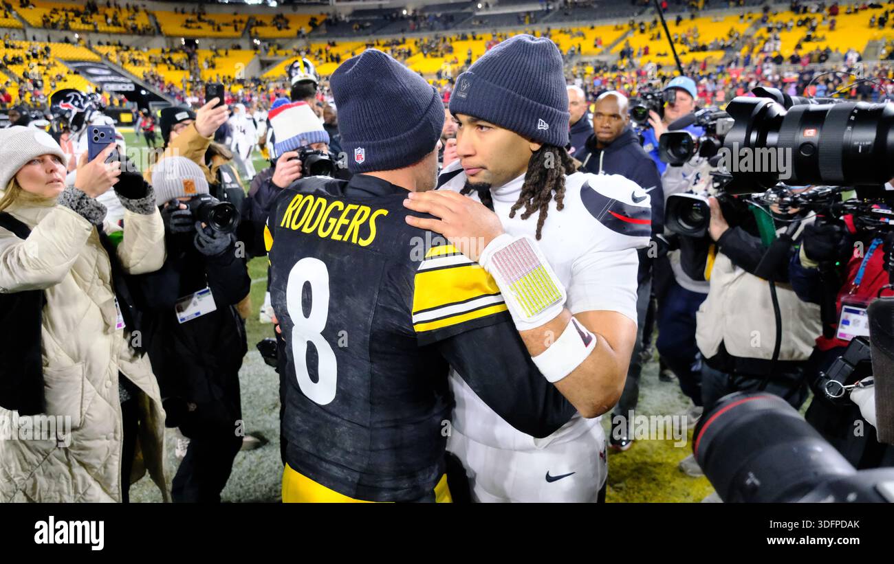 Jan 12, 2025: Aaron Rodgers #8 and C.J. Stroud #7 after the Pittsburgh ...