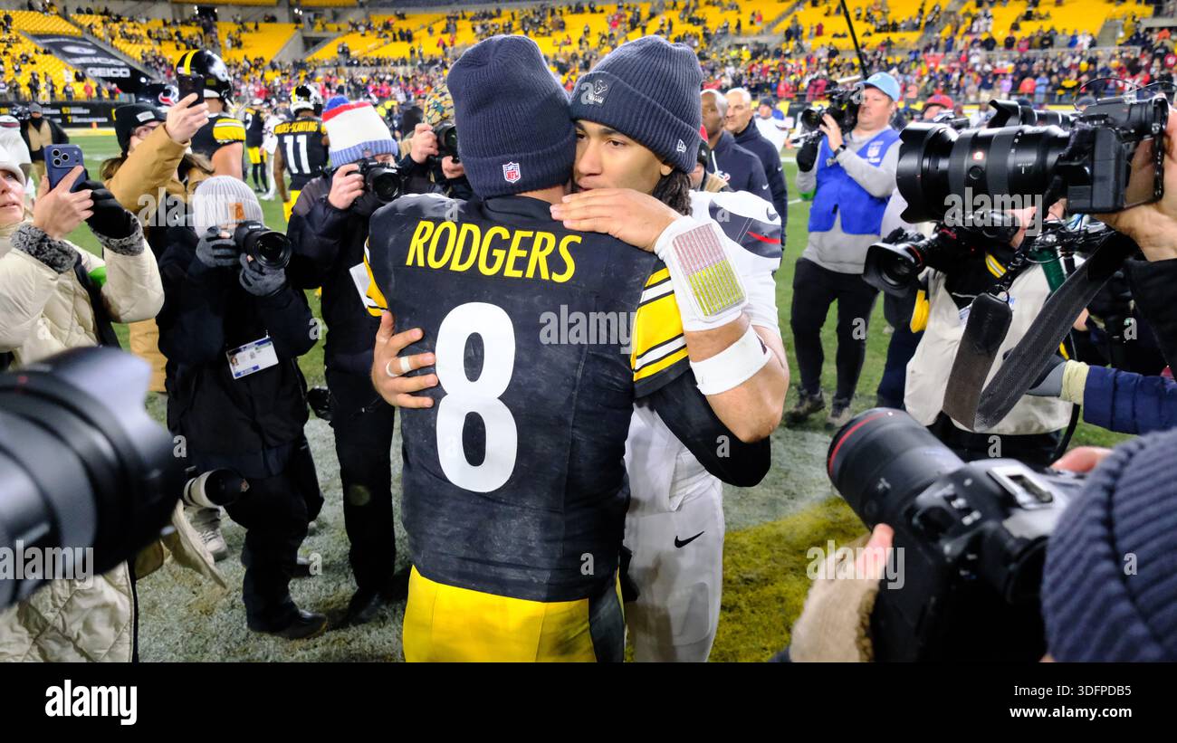 Jan 12, 2025: Aaron Rodgers #8 and C.J. Stroud #7 after the Pittsburgh ...