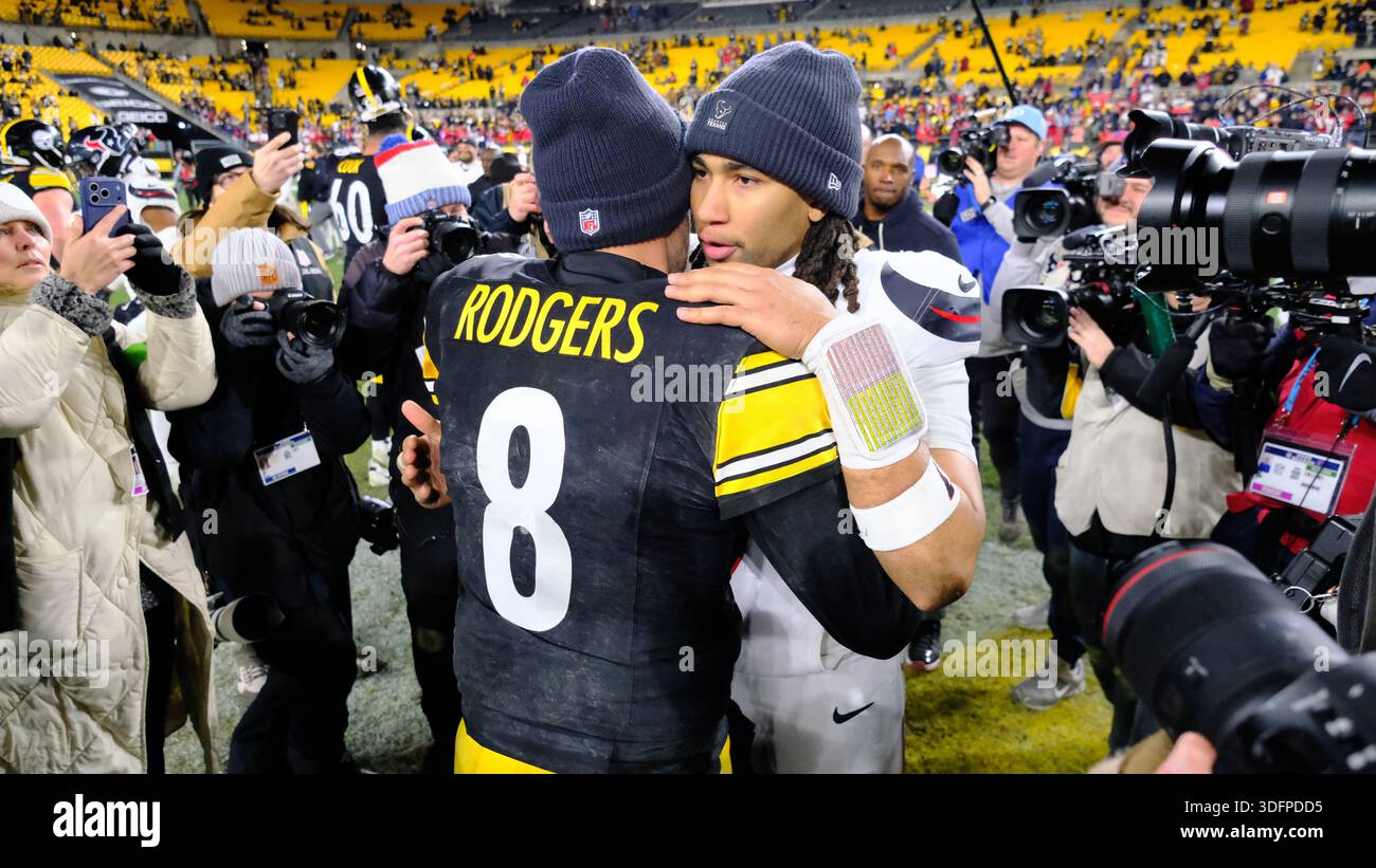 Jan 12, 2025: Aaron Rodgers #8 and C.J. Stroud #7 after the Pittsburgh ...