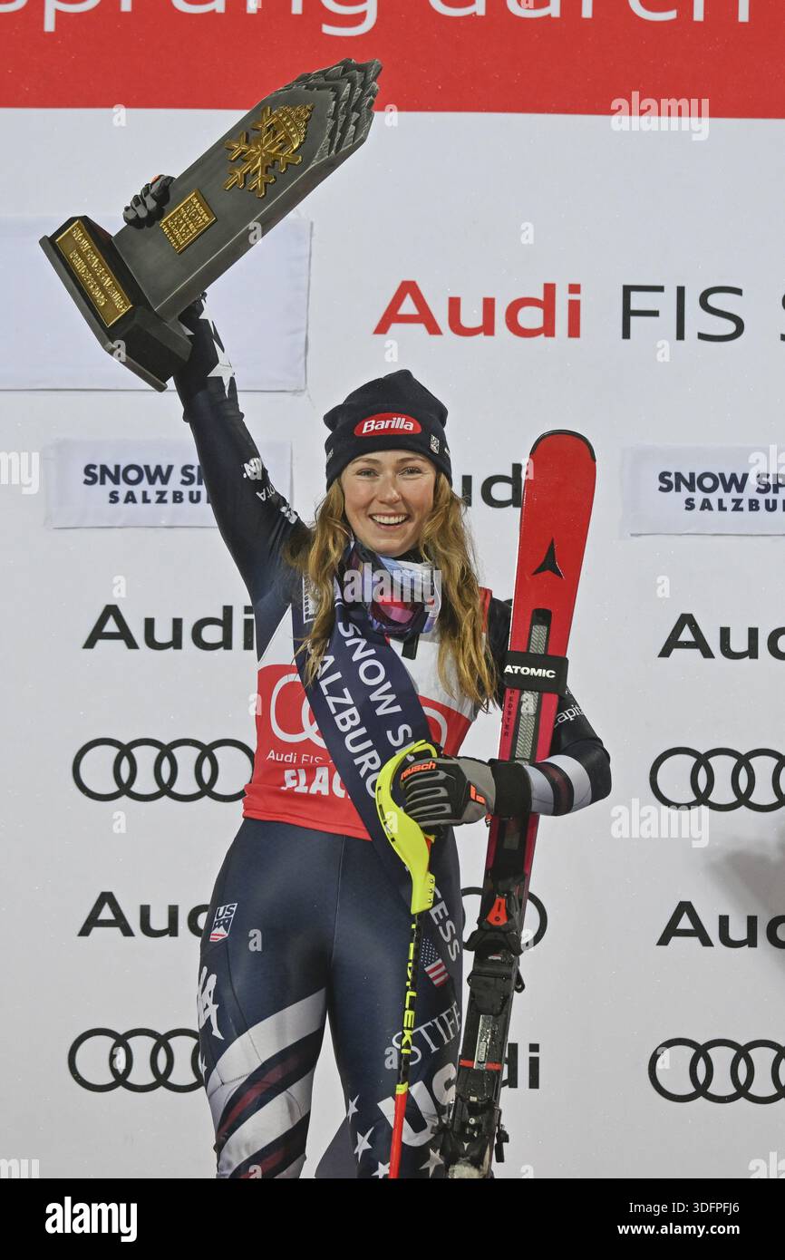 FLACHAU, AUSTRIA - JANUARY 13: first place Mikaela Shiffrin of United ...