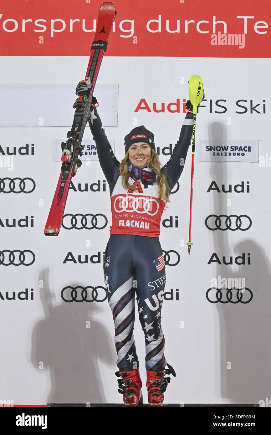 FLACHAU, AUSTRIA - JANUARY 13: first place Mikaela Shiffrin of United ...