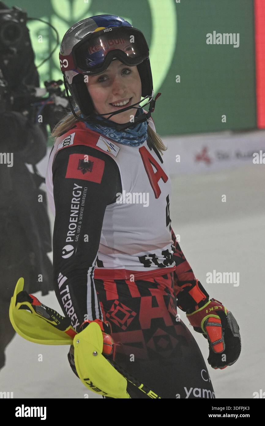 FLACHAU, AUSTRIA - JANUARY 13: Lara Colturi of Albania looks on during ...