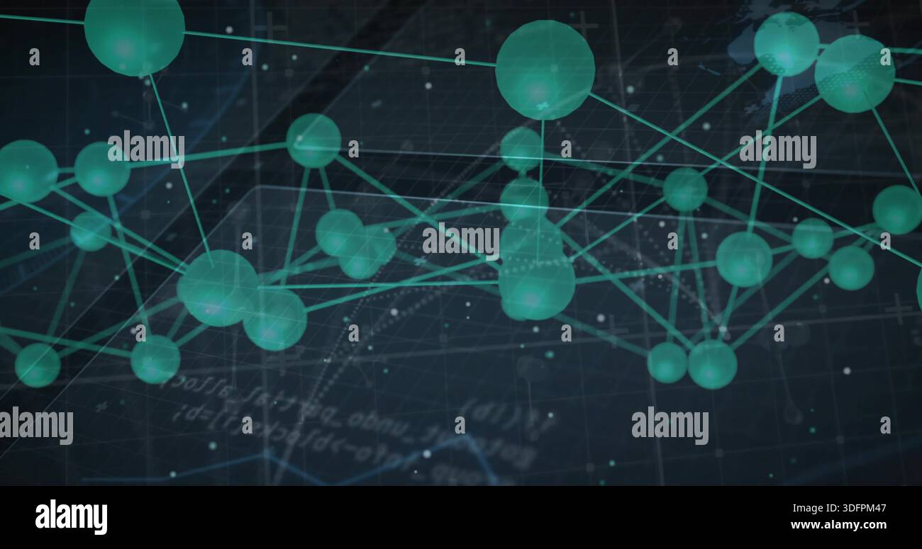Floating centered network receding over dark grid plane, with teal ...