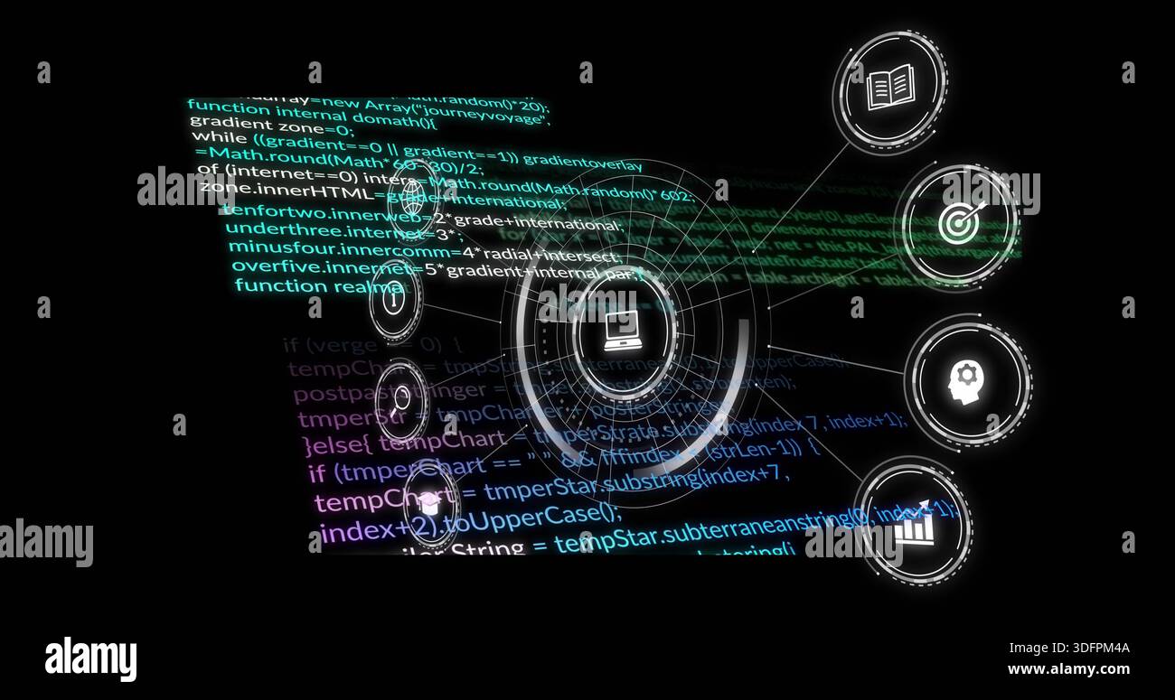 Displaying central HUD node glowing on black background, showing laptop ...